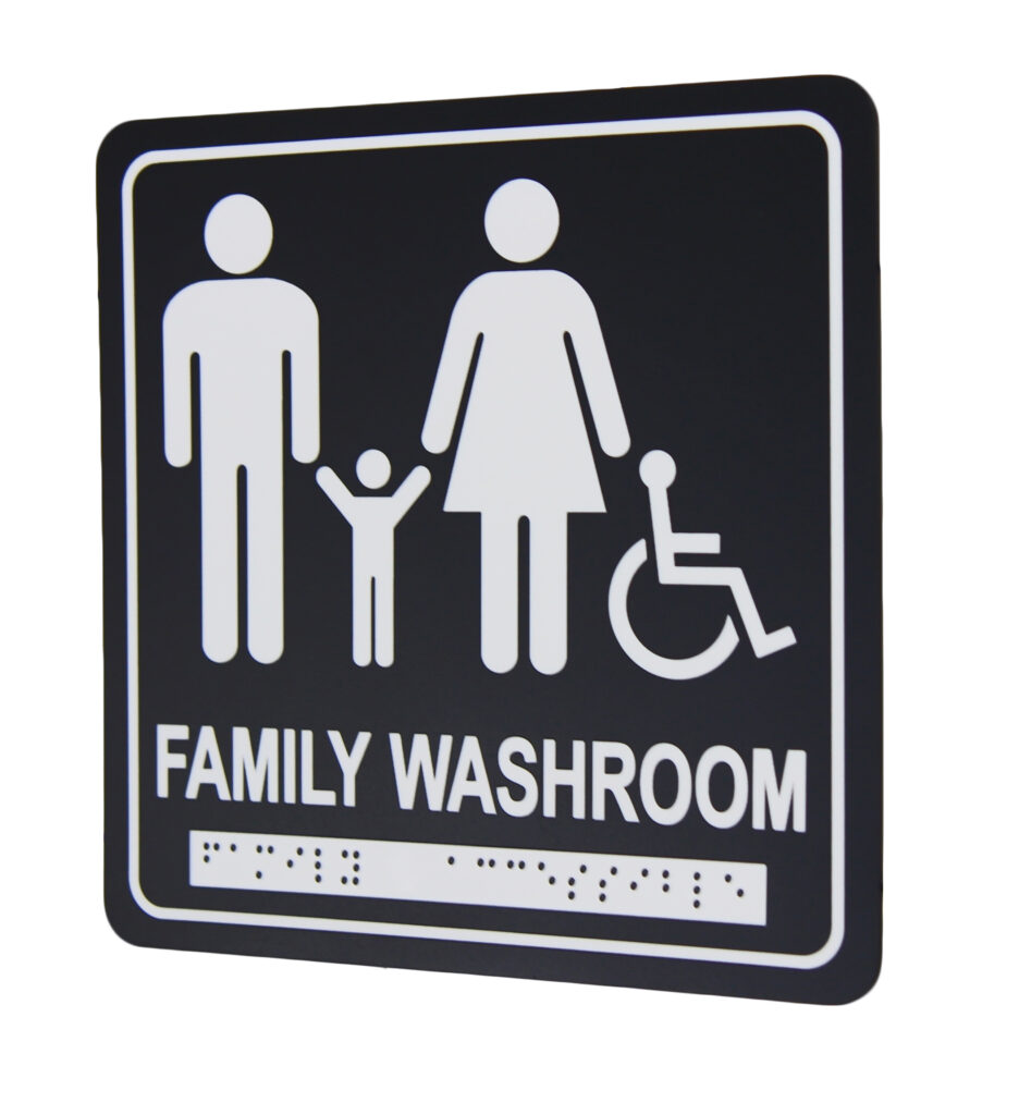 Washroom Signage – Family and Accessible with Braille Emboss – Frost