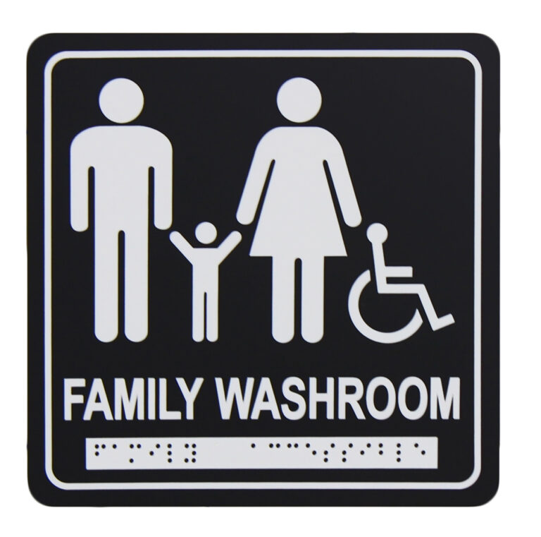Washroom Signage – Family and Accessible with Braille Emboss – Frost