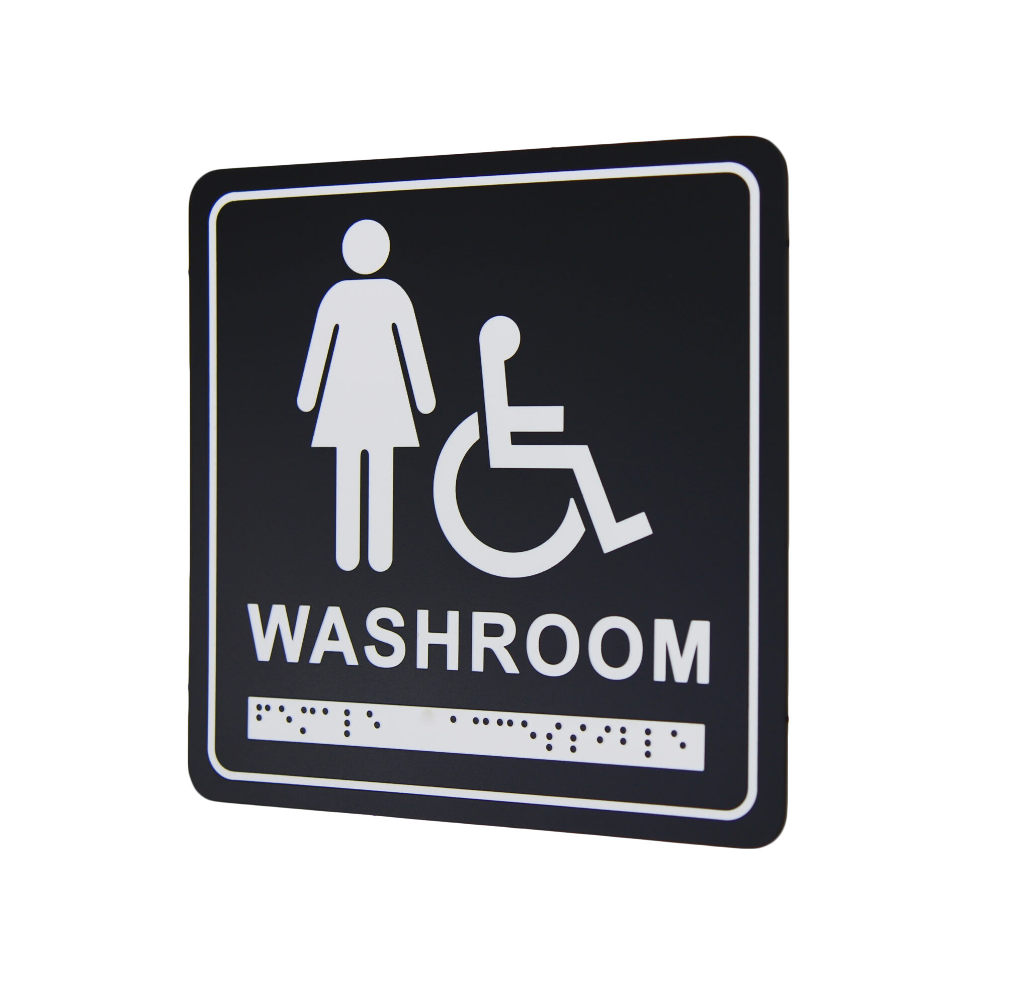 Washroom Signage – Female/Wheelchair with Braille Emboss – Frost