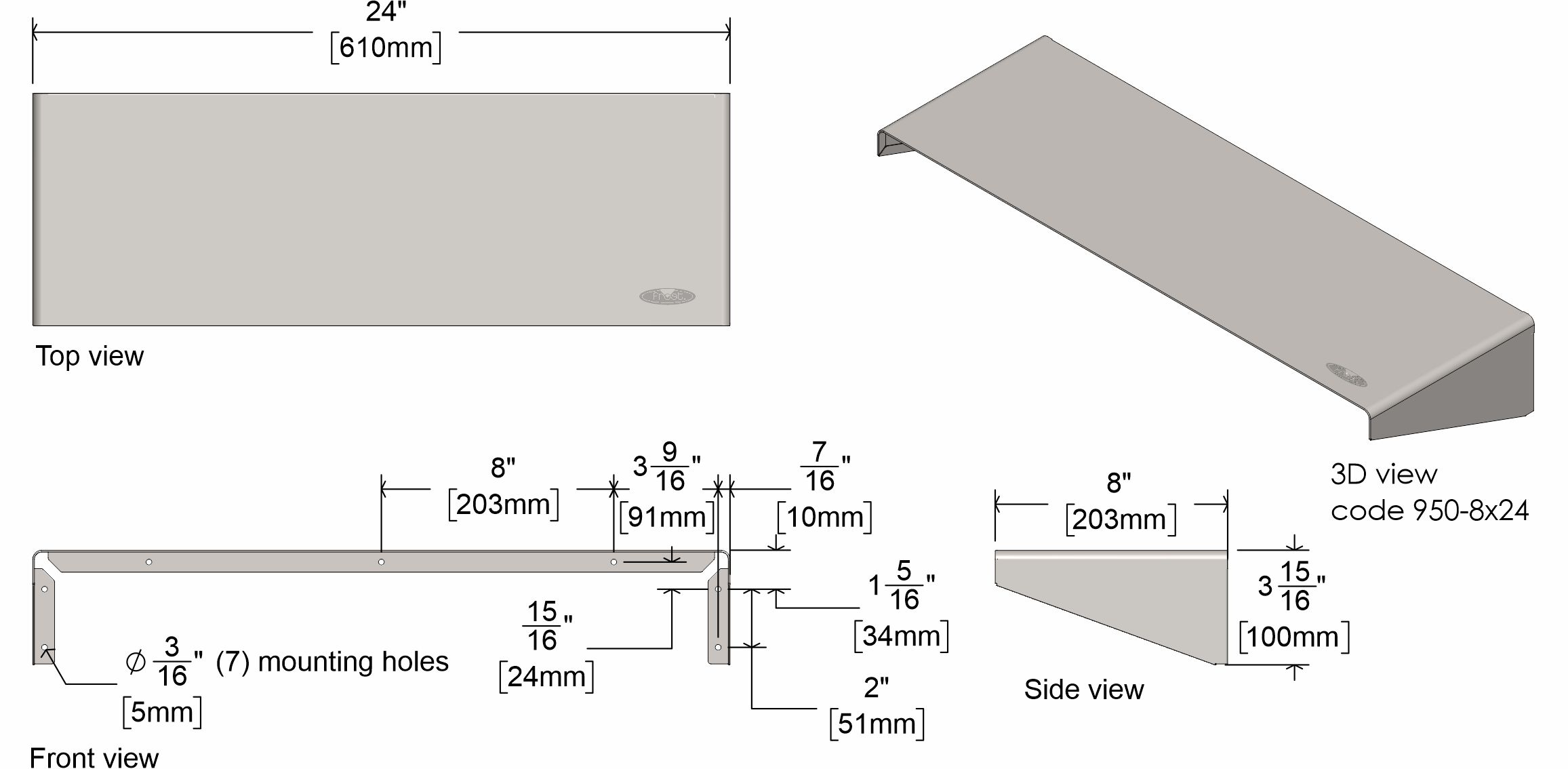Heavy Duty Shelf, 8″ Depth, 24″ Length – Frost